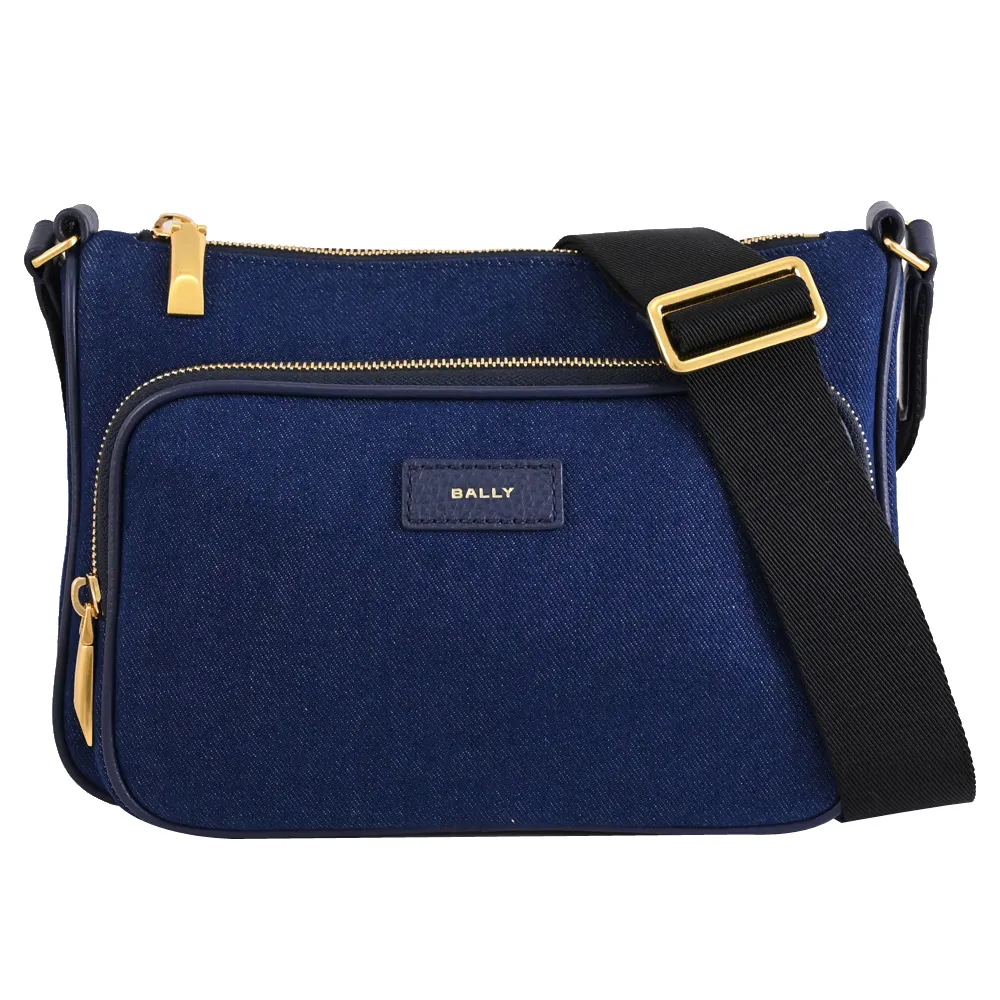 BALLY 6306631 BAR 質感丹寧拼接拉鍊斜背包.牛仔藍 - friDay購物